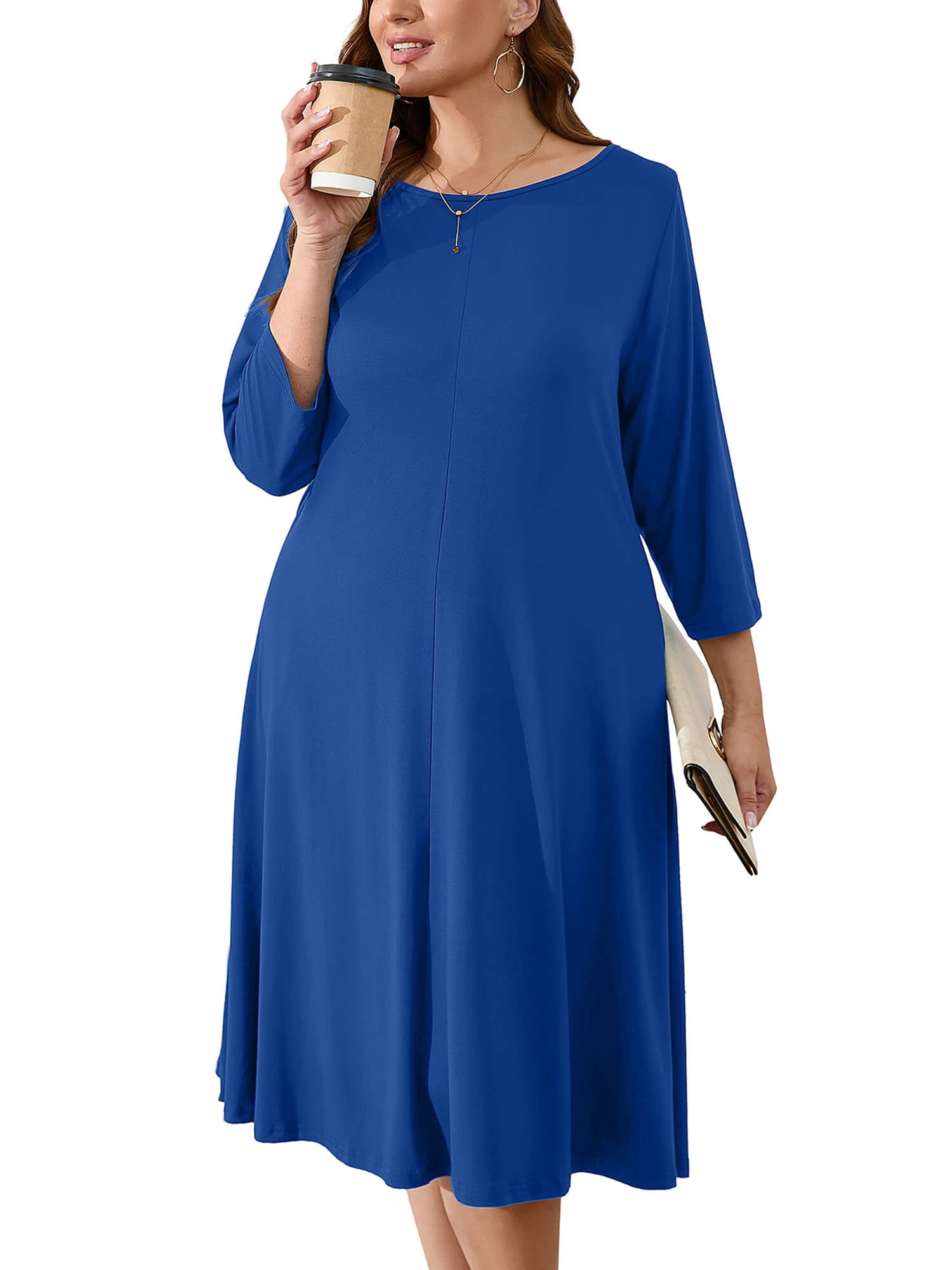 SHOWMALL Womens Plus Size Midi Dresses Royal Blue 4X Shirt Dresses 3/4 ...
