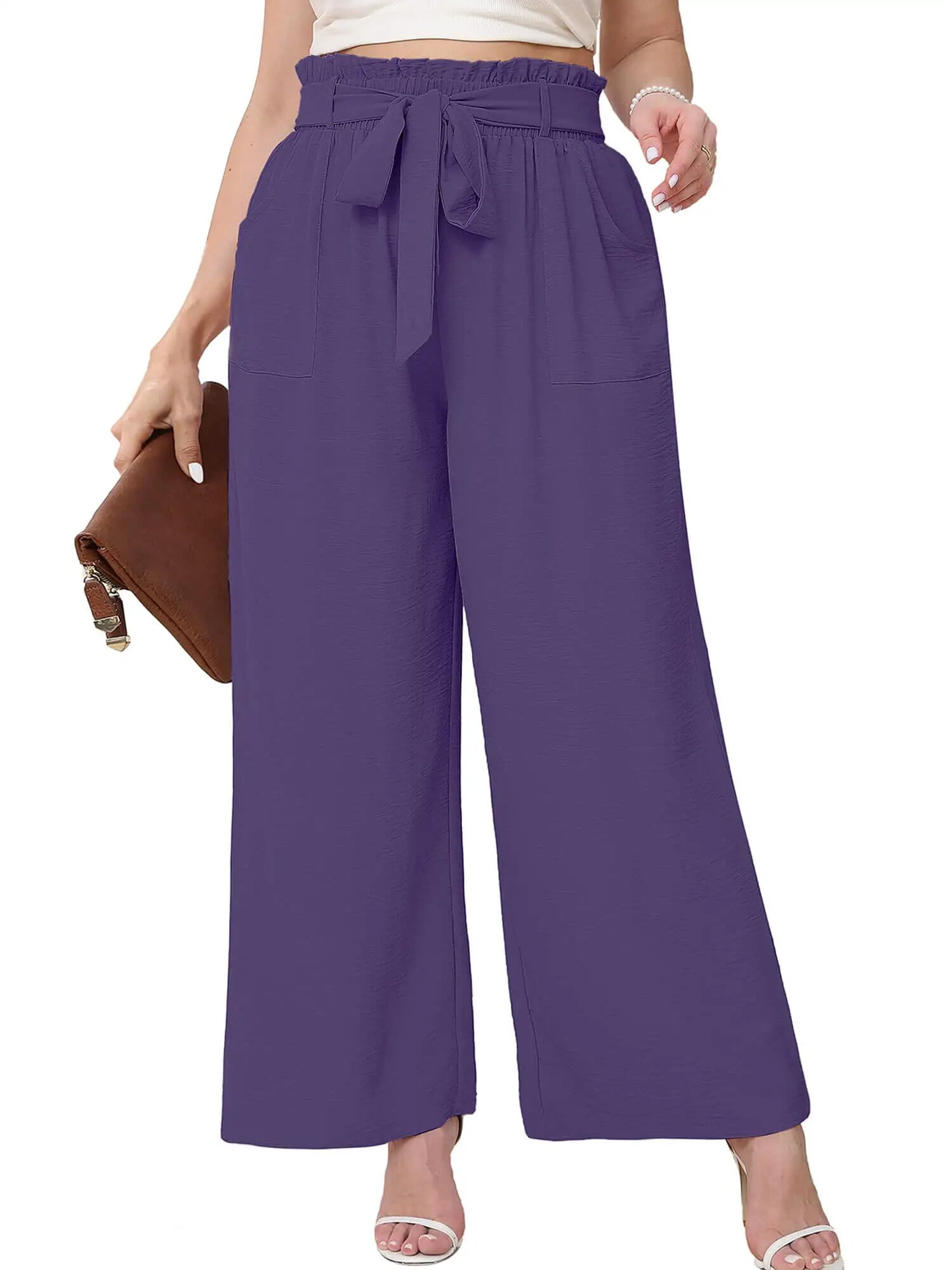 SHOWMALL Womens Plus Wide Leg Pants High Waisted Palazzo Pants Purple ...