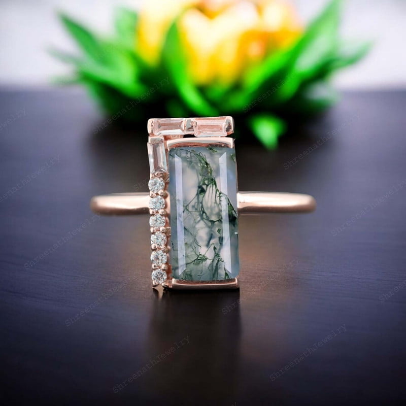 SHREENATHJEWELRY 14x12MM / 4Ct Baguette Cut Moss Agate Engagement Ring- CZ Diamond Proposal Ring ...