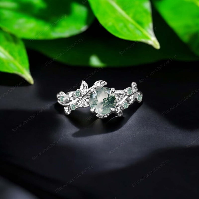 SHREENATHJEWELRY 6MM / 2CT Vintage moss agate engagement ring Art deco ...