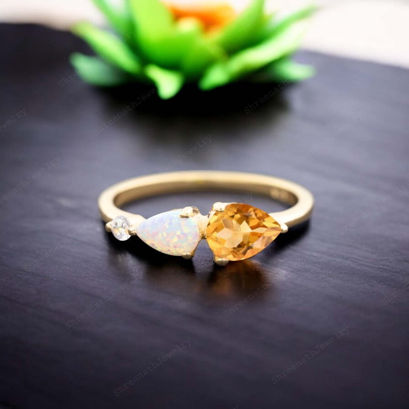 SHREENATHJEWELRY 7x5MM / 2Ct Vintage Citrine Ring-Opal Engagement Ring CZ Diamond Proposal Ring ...
