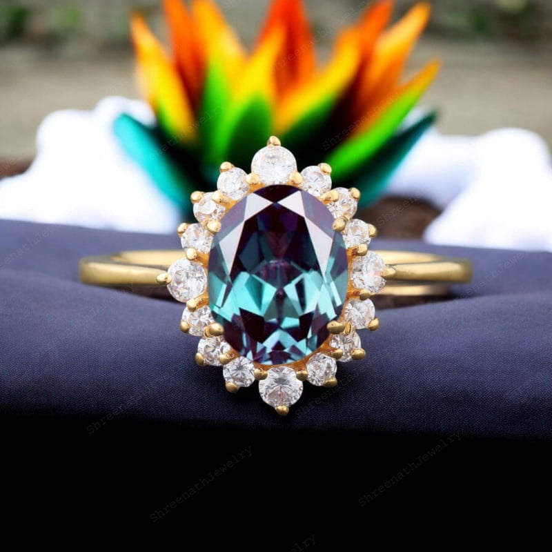 SHREENATHJEWELRY 8x6MM / 2 Ct Alexandrite Engagement Ring - CZ Diamond ...