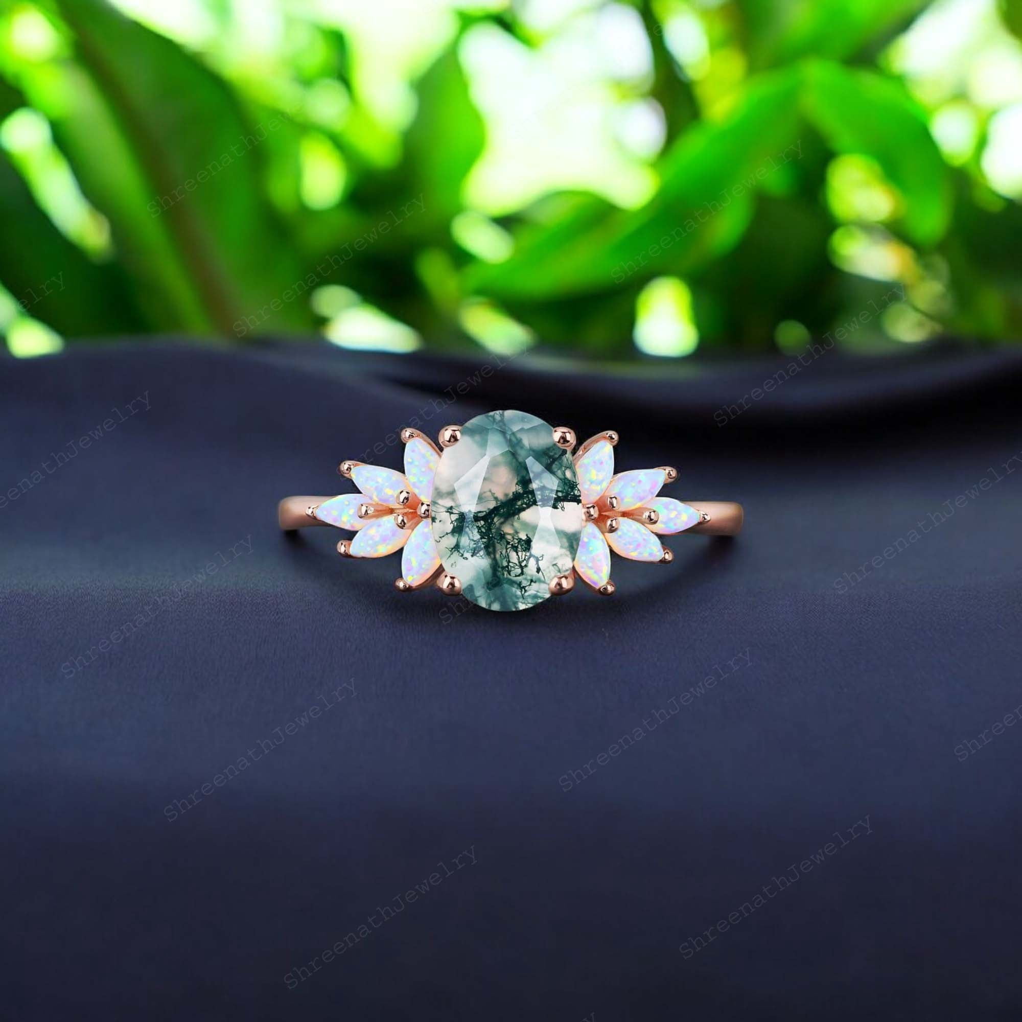 SHREENATHJEWELRY 8x6MM / 2CT Moss Agtae Engagement Ring Opal Cluster ...