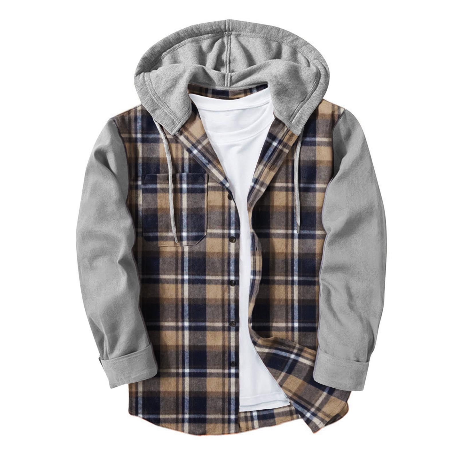 SHTXOZHI Men's Plaid Flannel Hooded Jacket Long Sleeve Button Down ...