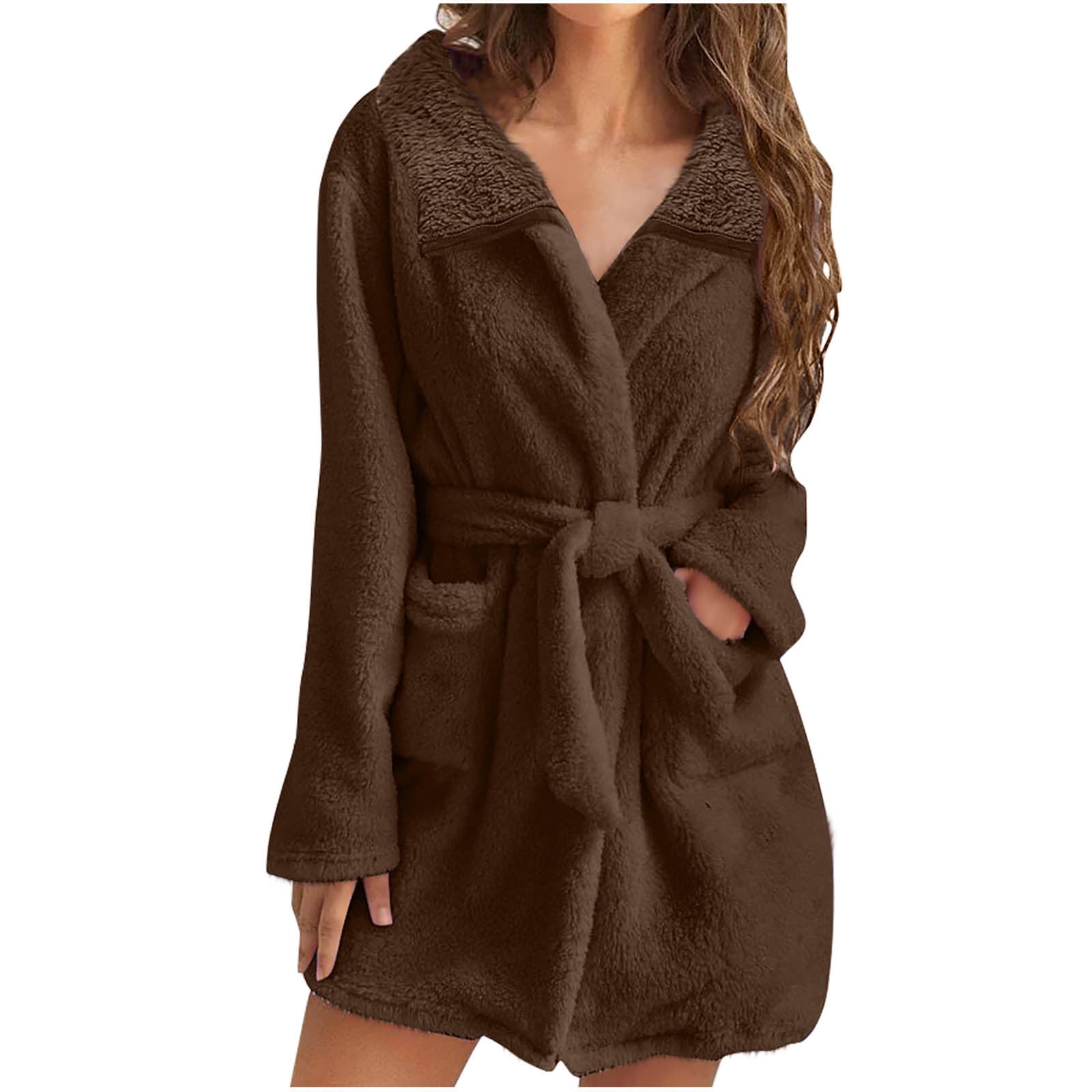 SHTXOZHI Women Warm Fleece Fuzzy Bathrobe Soft Belted Nightgown Plush ...