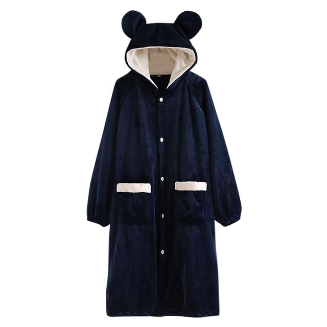 SHTXOZHI Women's Long Hooded Housecoat Button Down Fuzzy Cute Bathrobes ...