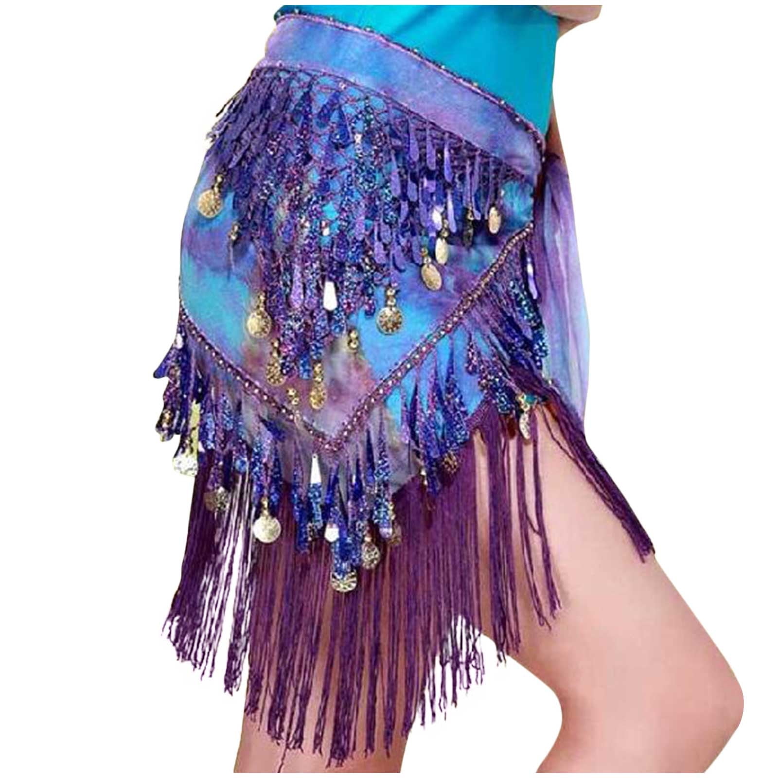 SHTXOZHI Women's Sequin Wrap Skirt Belly Dance Hip Scarf Sparkly Fringe Festival Tassel Skirt ...
