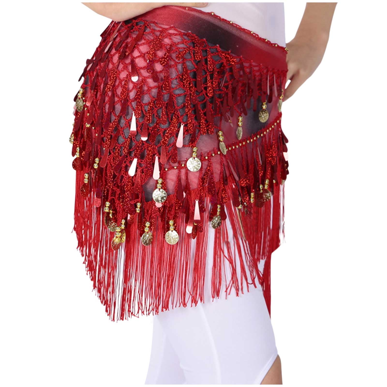 SHTXOZHI Women's Sequin Wrap Skirt Belly Dance Hip Scarf Sparkly Fringe Festival Tassel Skirt ...
