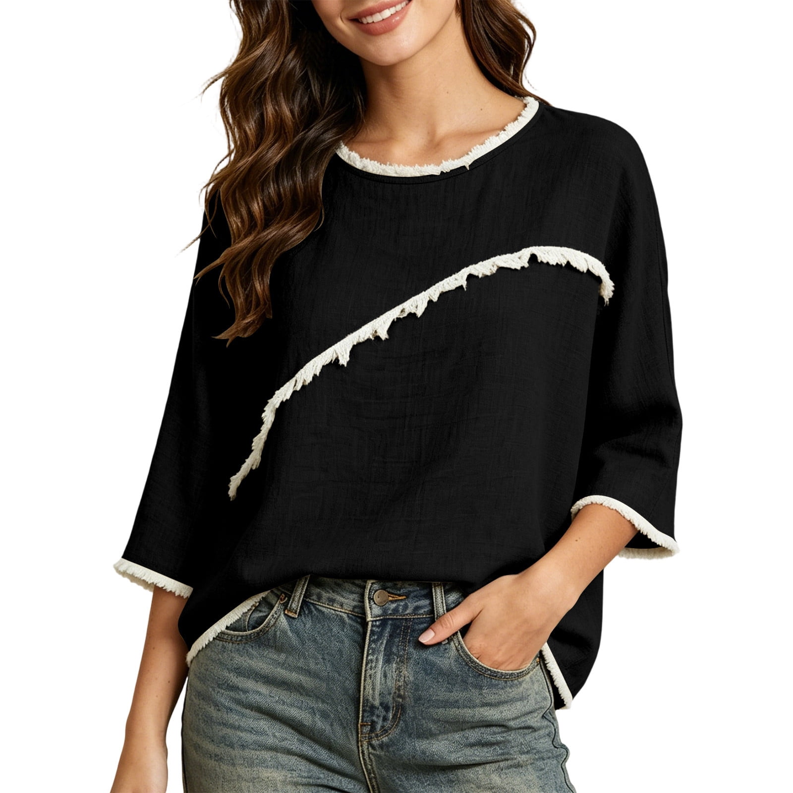 SHTXOZHI Womens 3/4 Sleeve Tops Lace Trim Crew Neck Loose Blouses ...