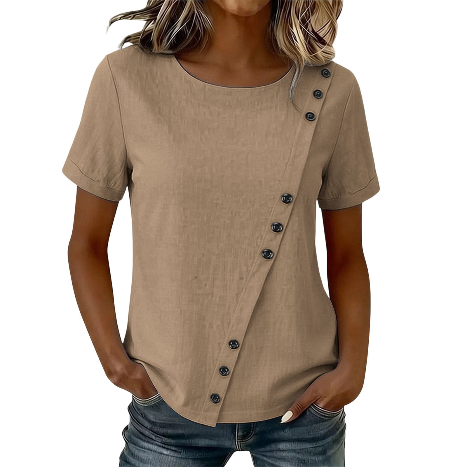 SHTXOZHI Womens Button Front Blouses Crew Neck Short Sleeve Solid Color ...