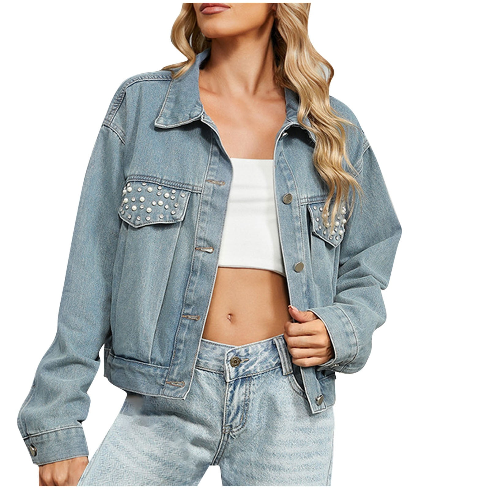 SHTXOZHI Womens Lapel Long Sleeve Denim Jacket Button Down Jean Coat ...