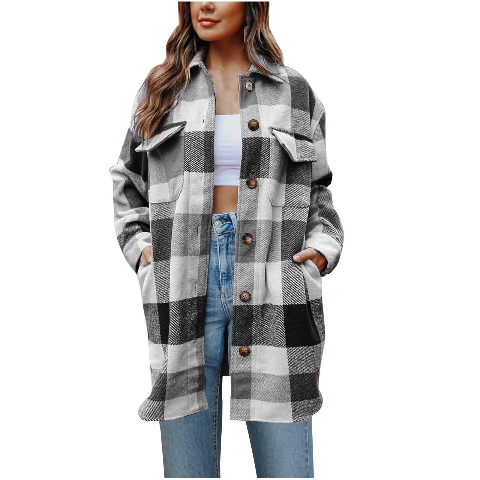 SHTXOZHI Womens Plaid Shackets Button Down Flannel Shirt Jacket Long ...