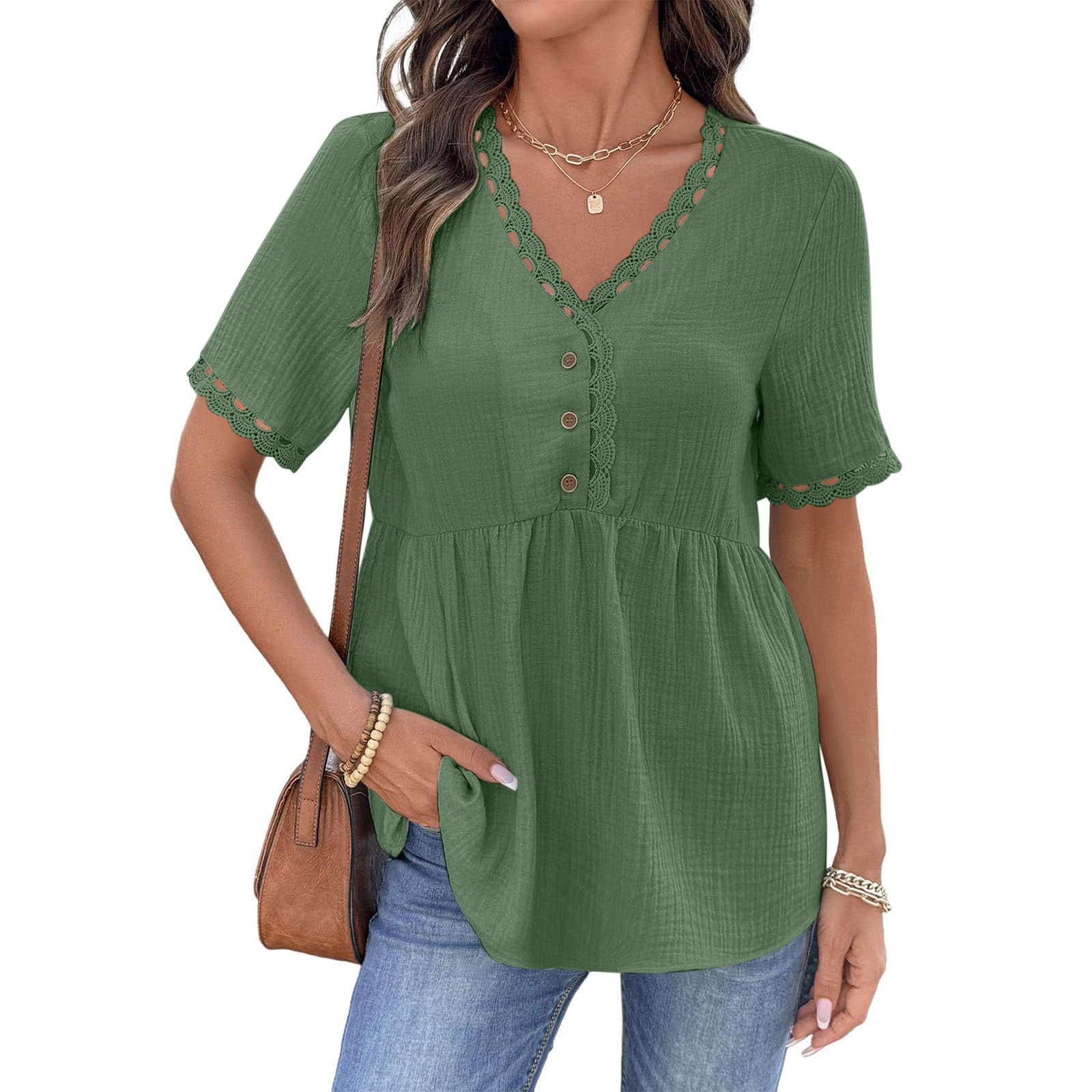 SHTXOZHI Womens Short Sleeve Tops V-Neck Lace Trim Button Front Blouses ...