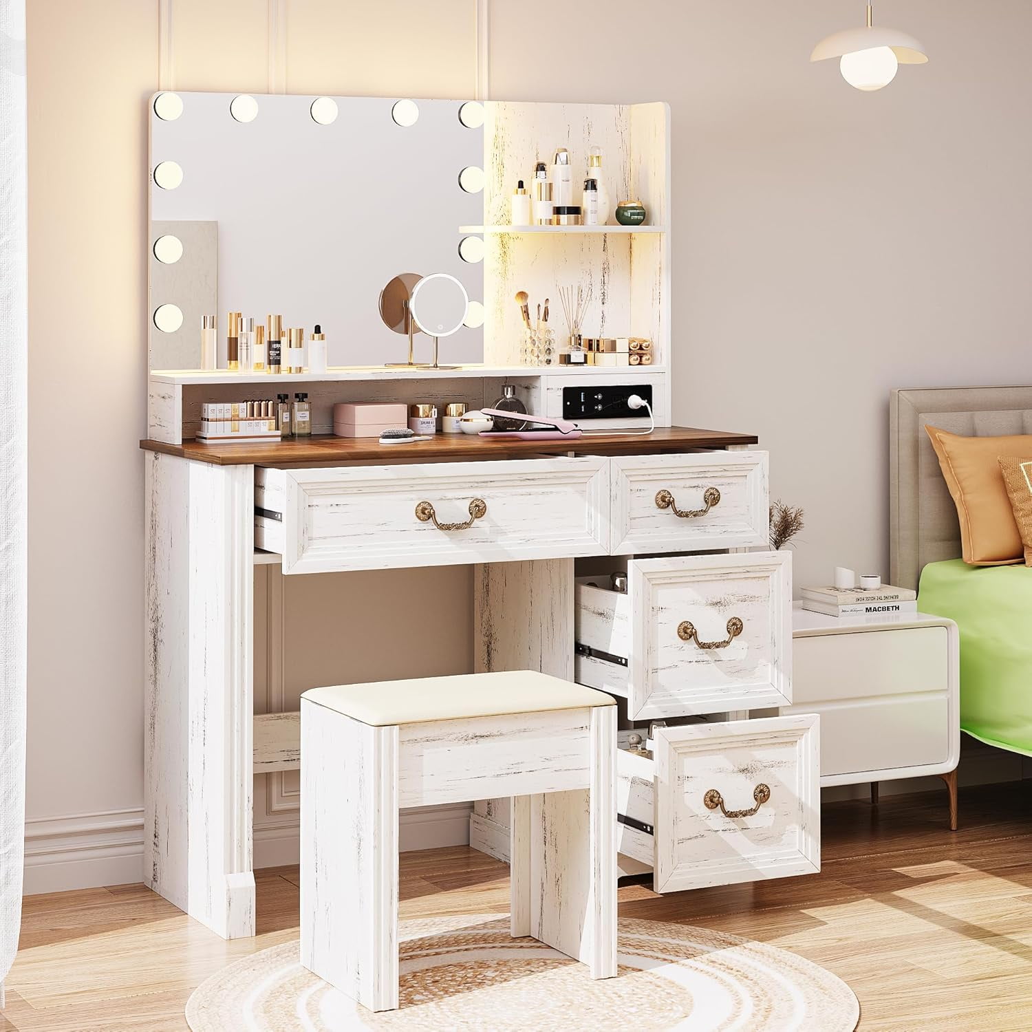 SHUNHAI Farmhouse Vanity Desk with Lighted Mirror & Power Outlet, 39 ...