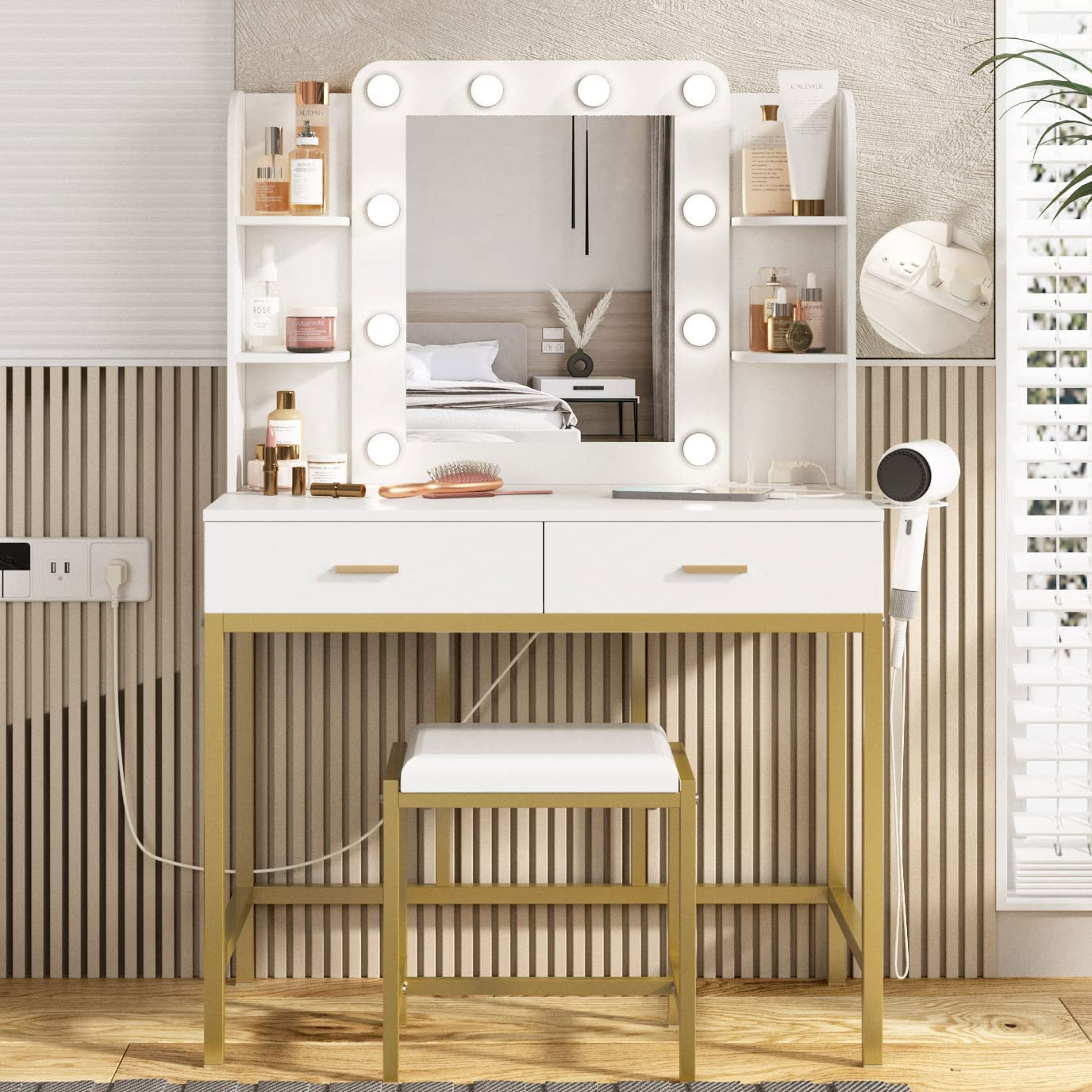 SHUNHAI Vanity Desk with Mirror and Lights, with Charging Station ...