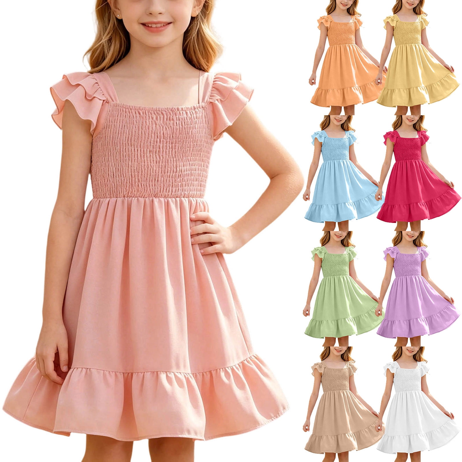 SHUNSUI Girls Summer Dresses Ruffle Sleeve Smocked Sundresses Casual A ...