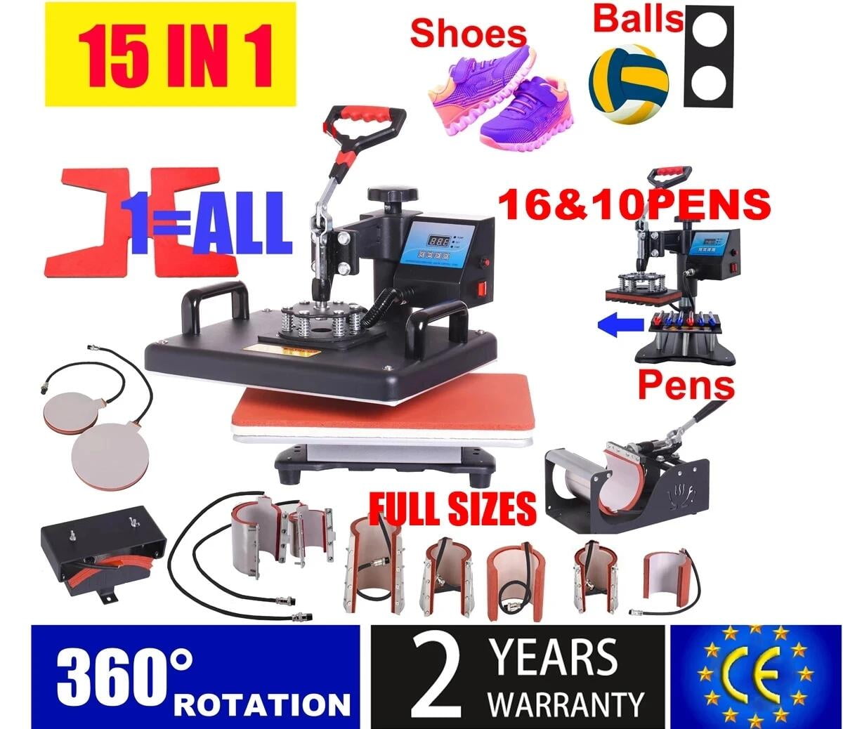 SHUOHAO 15 in 1 Sublimation Heat Press Machine Kit for Tshirt, Mug, Cap ...