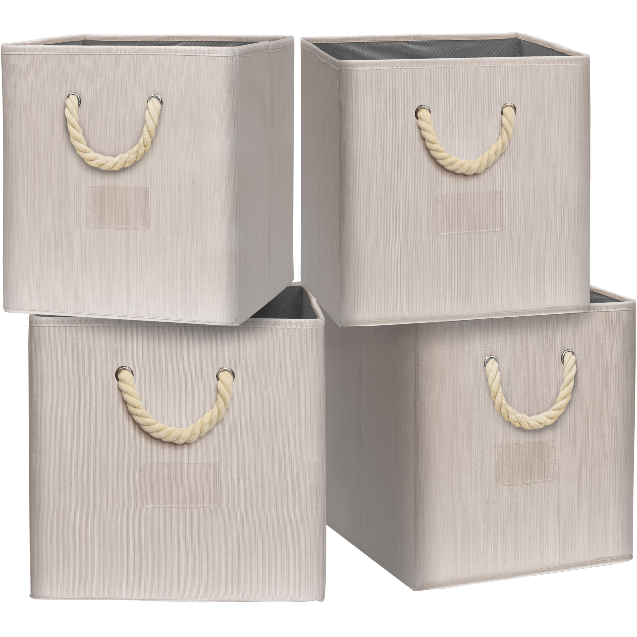 SHW Collapsible Cube Storage Bin, 4 Pack, Ivory with Braided Handles ...