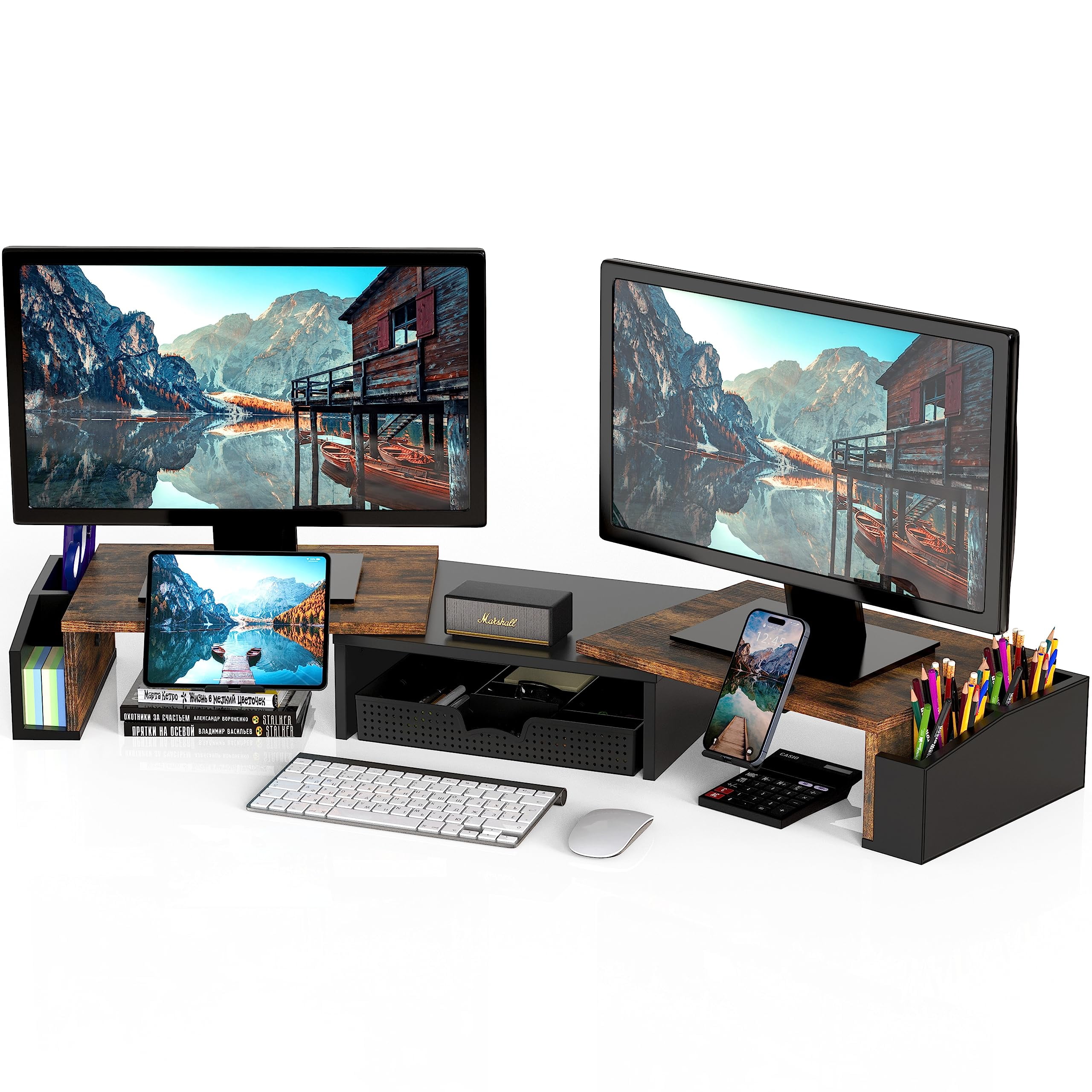 SHW Desk Multi-functional Office Computer Dual Monitor & Laptop Stand ...