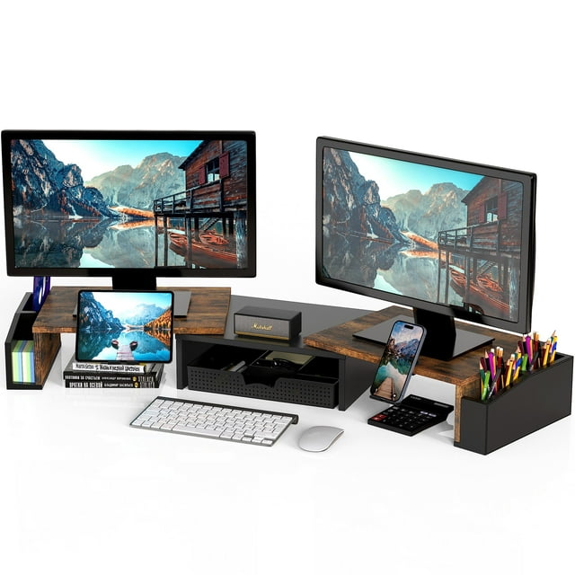 SHW Desk Multi-functional Office Computer Dual Monitor & Laptop Stand ...