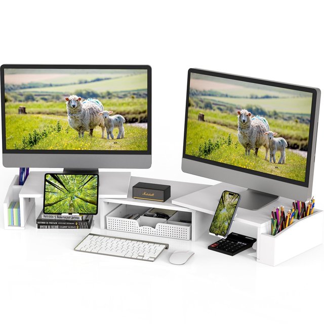 SHW Multi-Functional Computer Laptop Desk Dual Monitor Stand Riser with ...