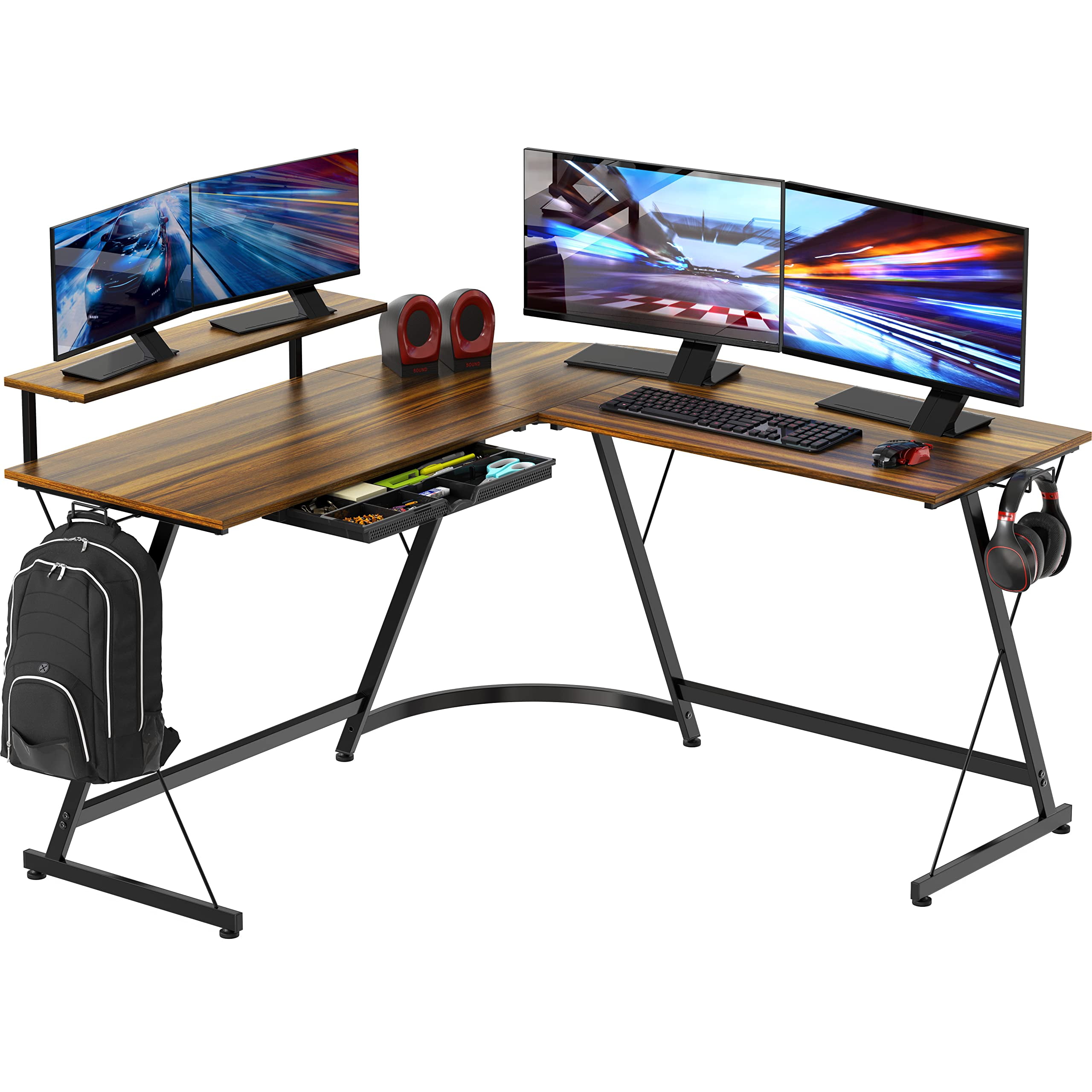 SHW Vista L Desk with Monitor Stand Drawer, Walnut - Walmart.com