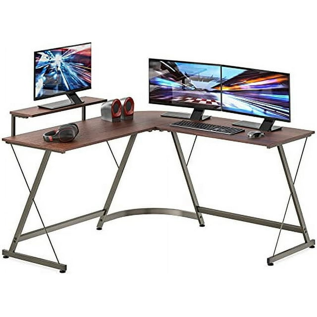 SHW Vista L-Shape Desk with Monitor Stand, Walnut - Walmart.com