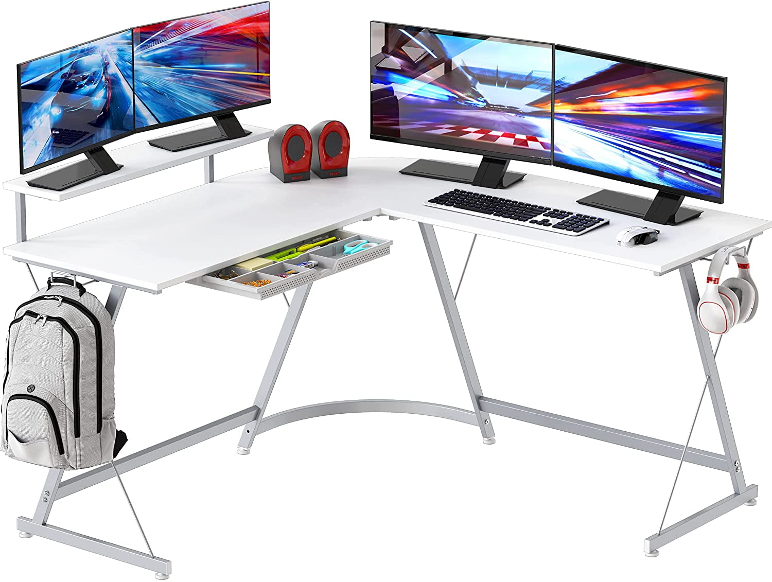 SHW Vista L-Shape Desk with Monitor Stand, White - Walmart.com
