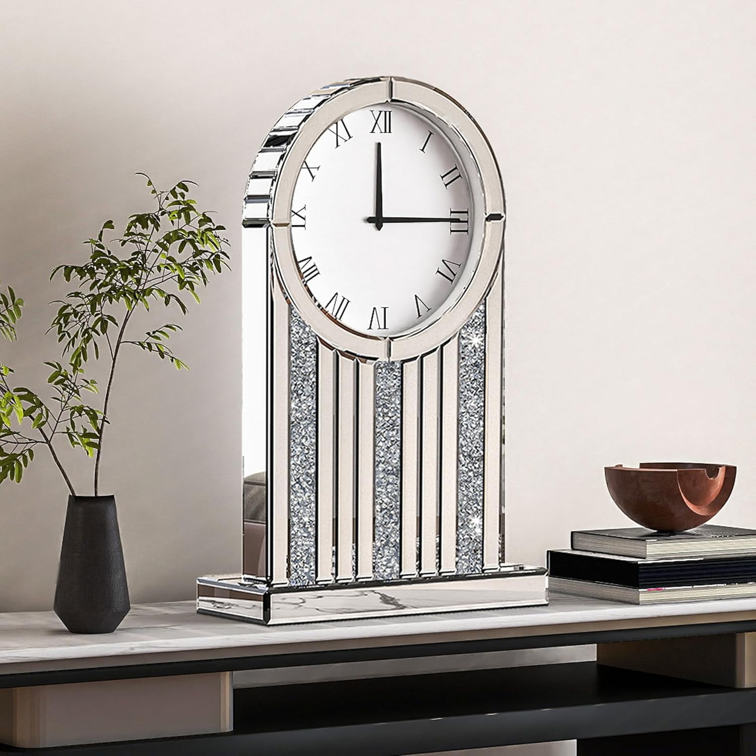 SHYFOY 21.7" Luxury Mirrored Table Clock, Crystal Accent Silent Non ...