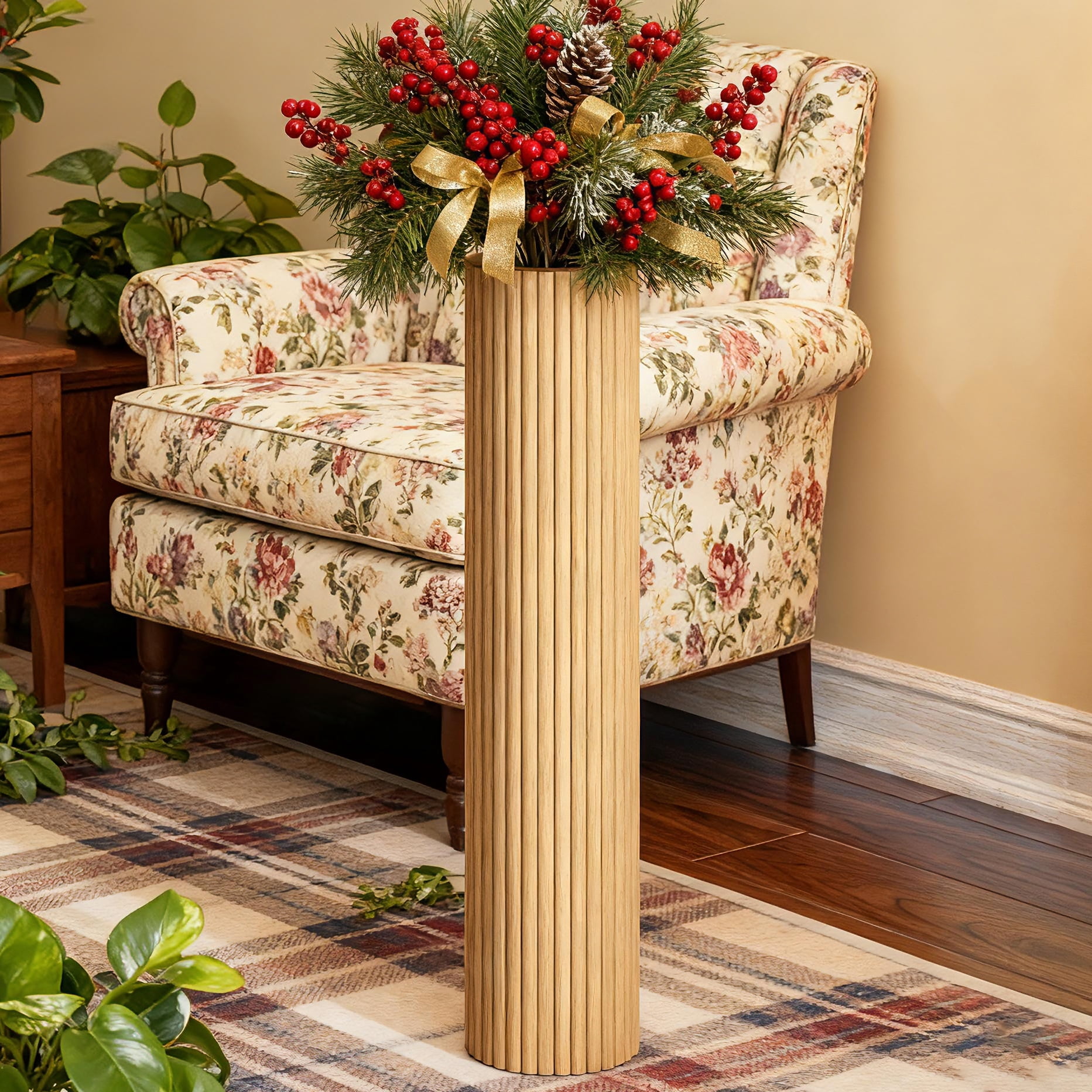 SHYFOY 27.5" Fluted Wooden Floor Vase, Tall Cylinder Decorative ...