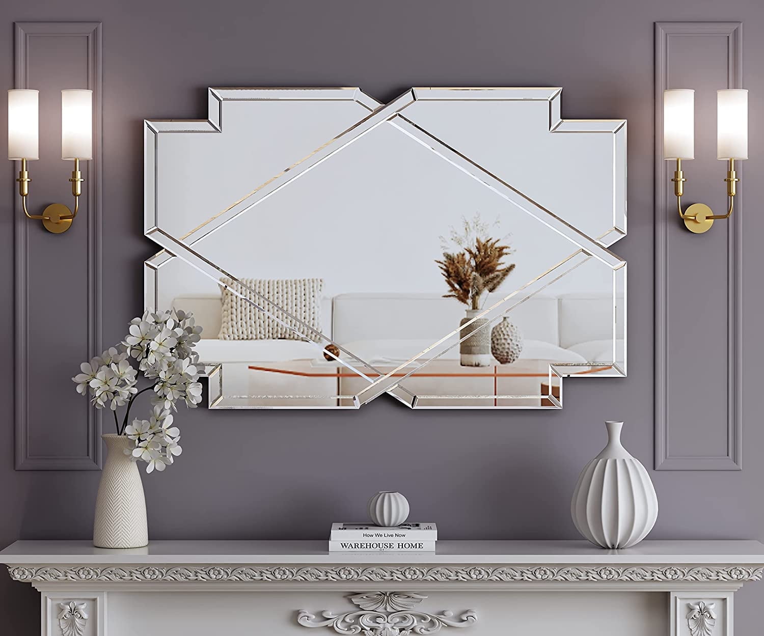 SHYFOY Modern Rectangular Wall Mirrors, Abstract Silver Home Decor for ...