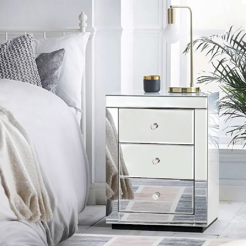 Three drawer mirrored nightstand store