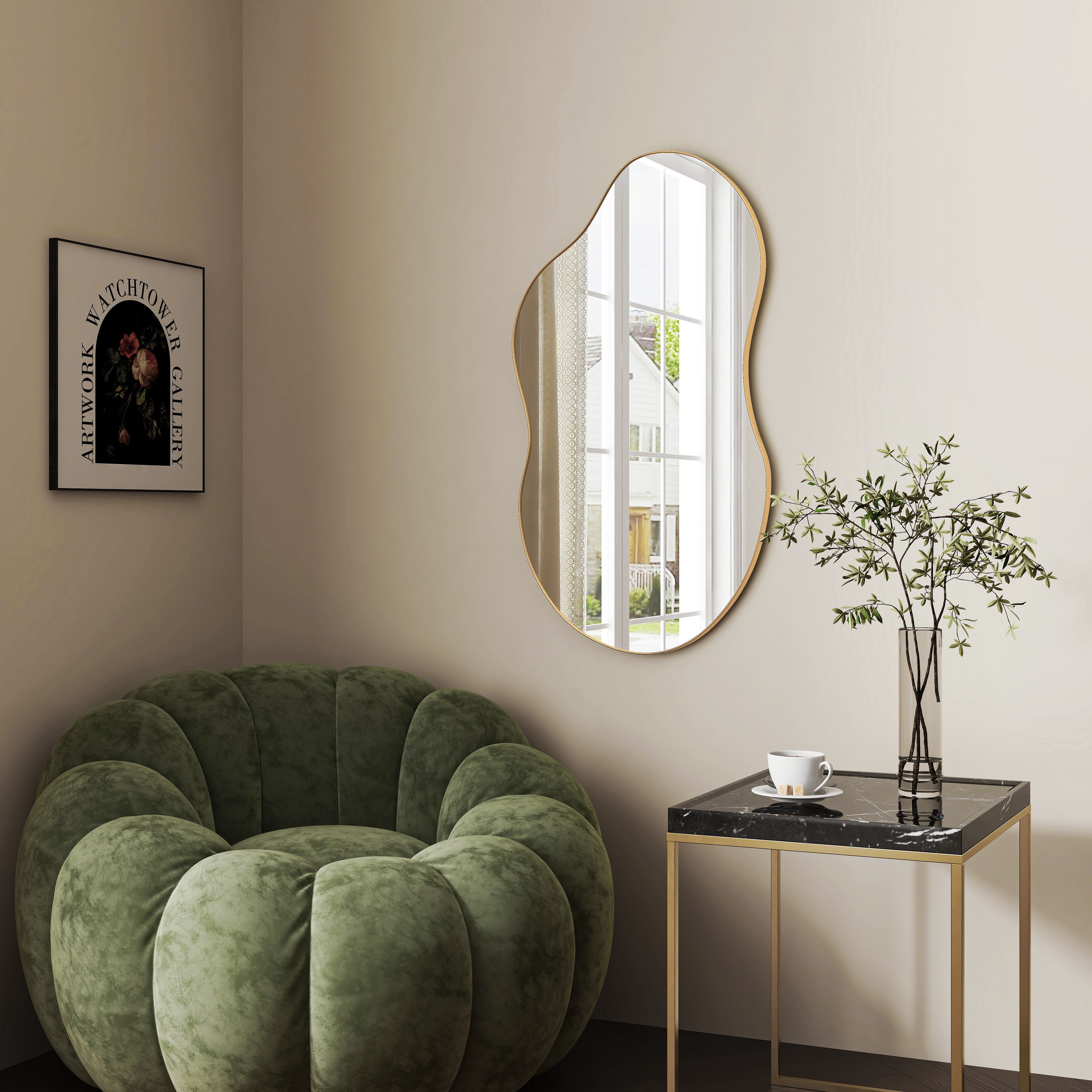 SHYFOY 32" Irregular Wall Mirror with Gold Metal Frame, Modern Accent ...