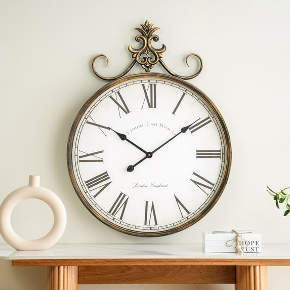 SHYFOY Antique Gold Wall Clock Ornate Baroque Metal Clock Retro Round ...