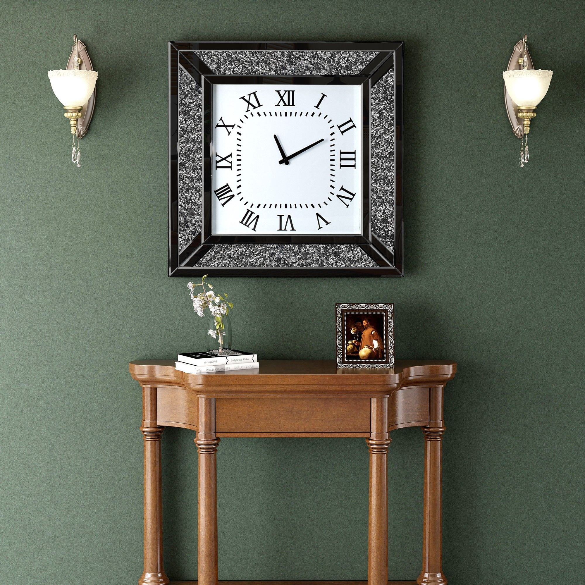 SHYFOY Crushed Diamond Mirrored Square Wall Clock with Sparkle Bling ...