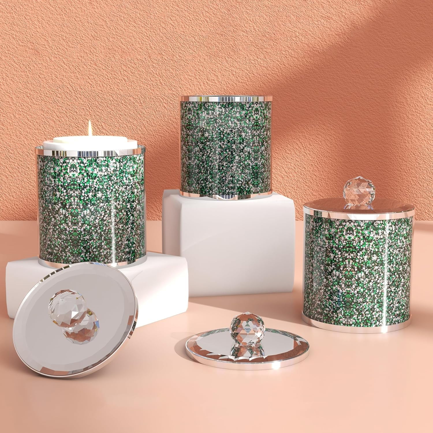 SHYFOY Decorative Glass Canister Set of 3 - Green Jars with Lid Crushed ...