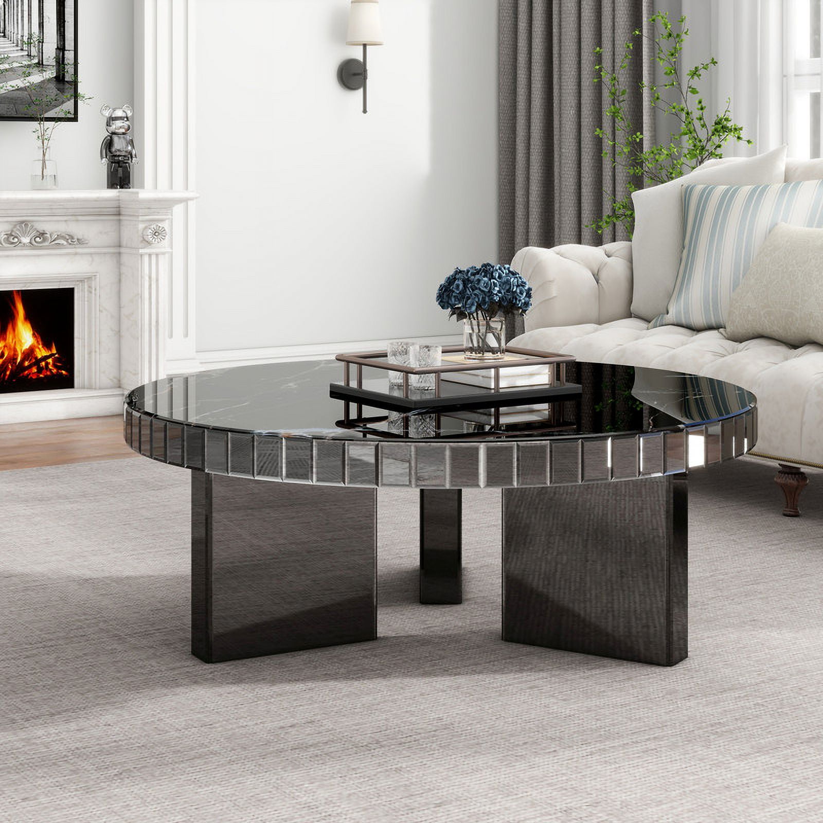 SHYFOY Design Modern Round Mirrored Glass Marble Textured Coffee Table ...