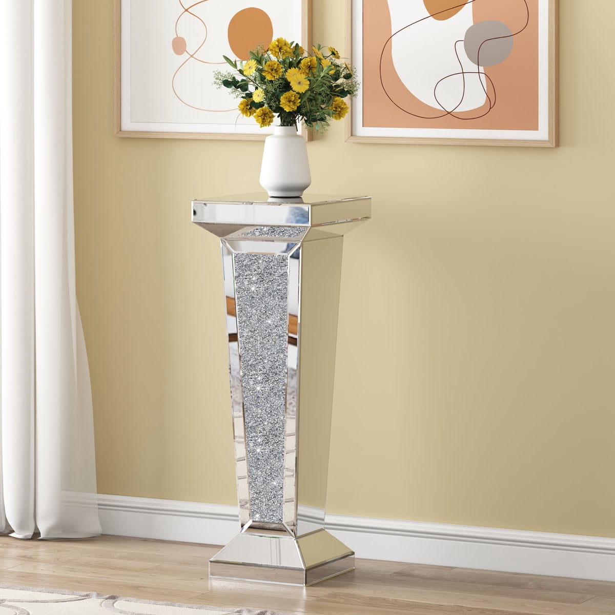 SHYFOY Glam Mirrored Pedestal Table with Crushed Diamond Accents ...