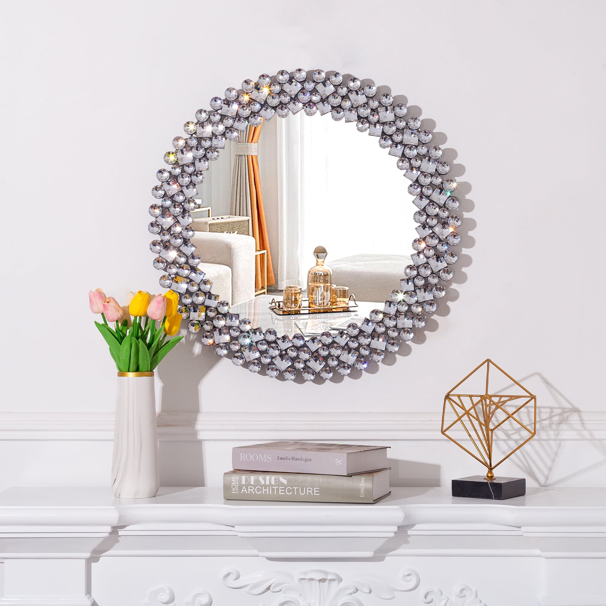 SHYFOY Jeweled Accent Wall Mirror Round Sparkly Decorative Mirrors for ...