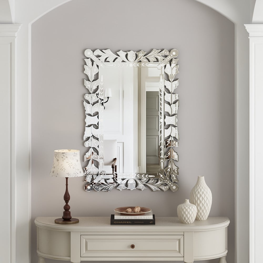 SHYFOY Leaf Motif Frame Wall Mirror Rectangular Decorative Glass Accent ...