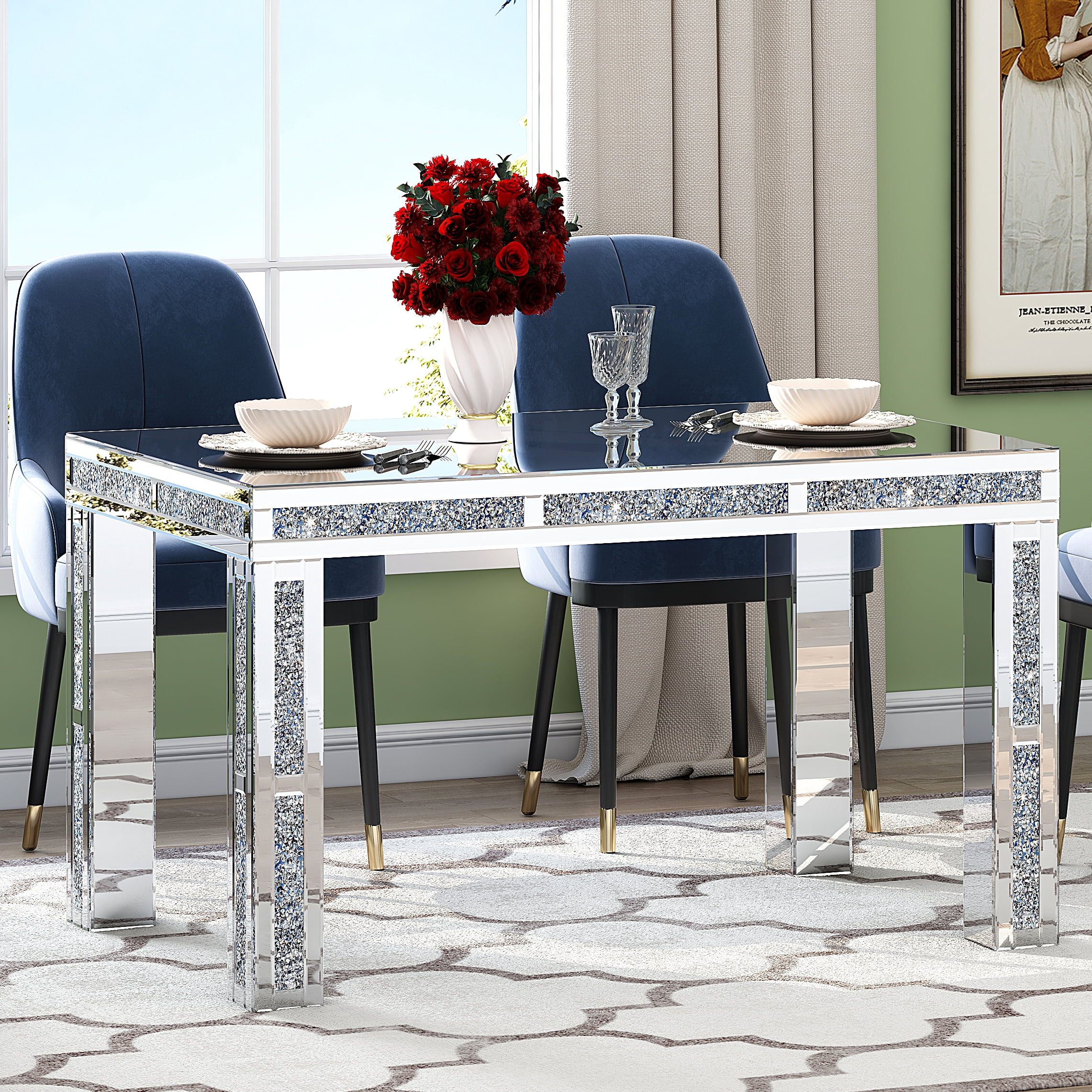 SHYFOY Mirrored Dining Table, 51.18" Silver Glass Top Table with 4 ...