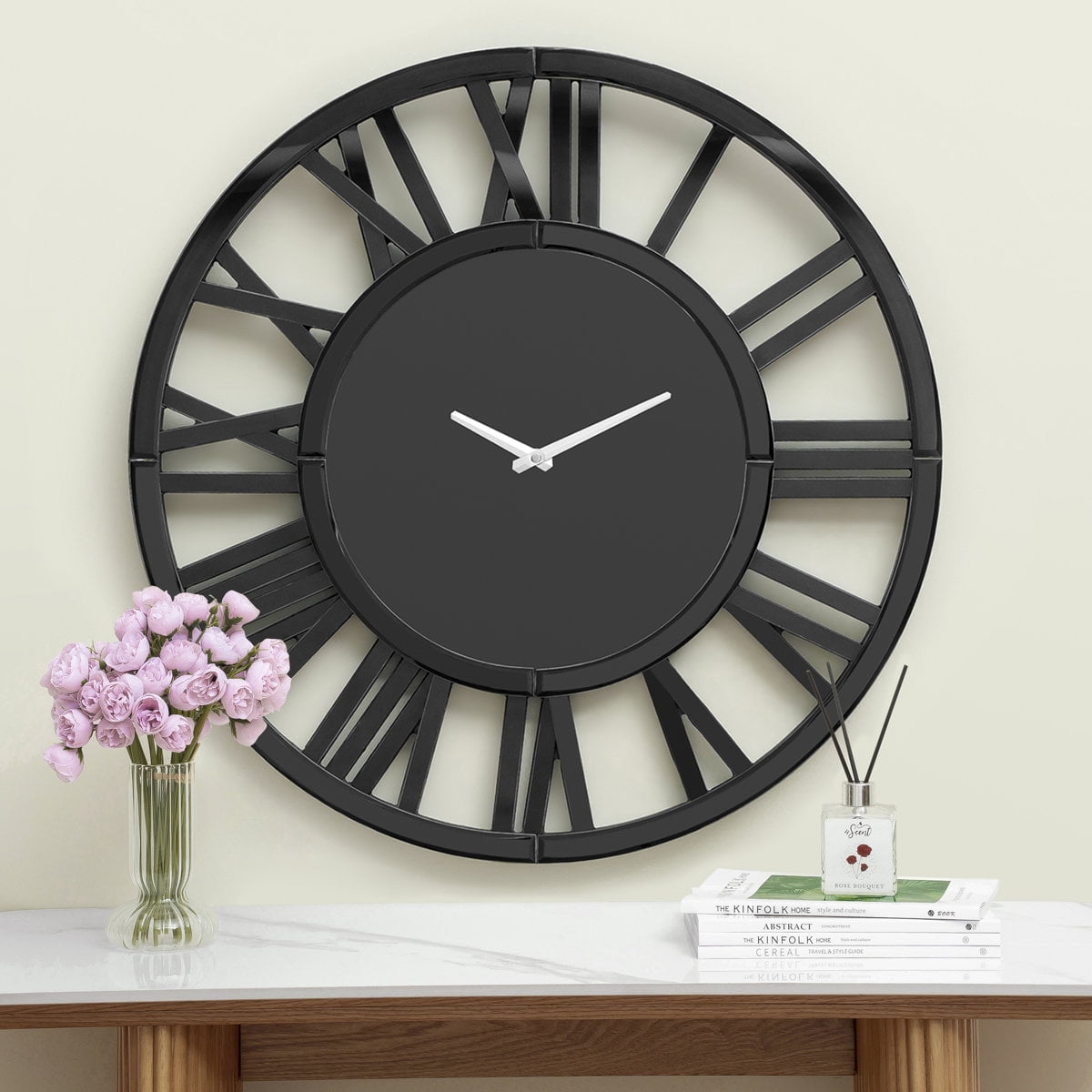 SHYFOY Mirrored Glass Wall Clock Black Oversized Clocks for Living Room ...