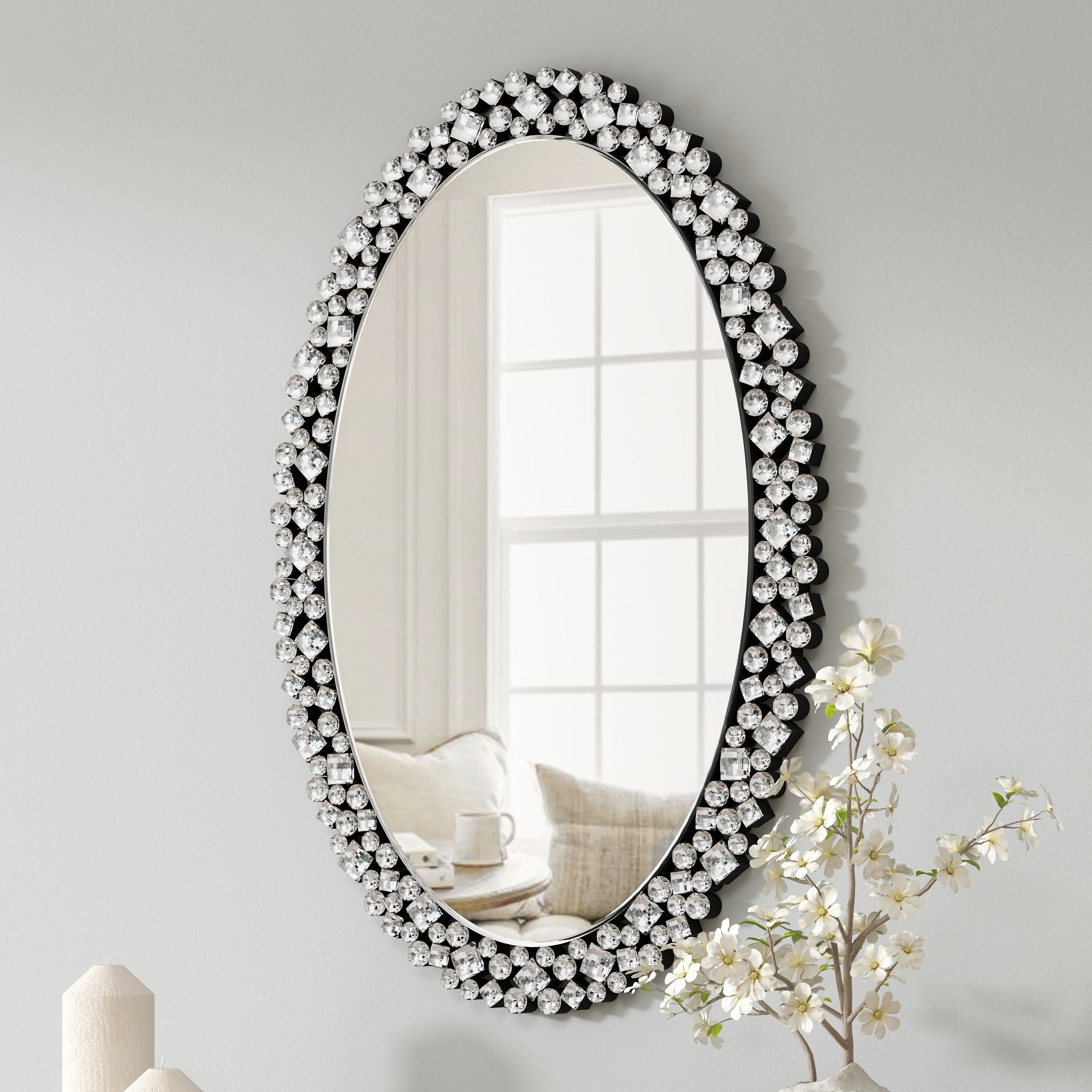 SHYFOY Oval Wall Mirror for Living Room Decor, Crystal Design Accent ...