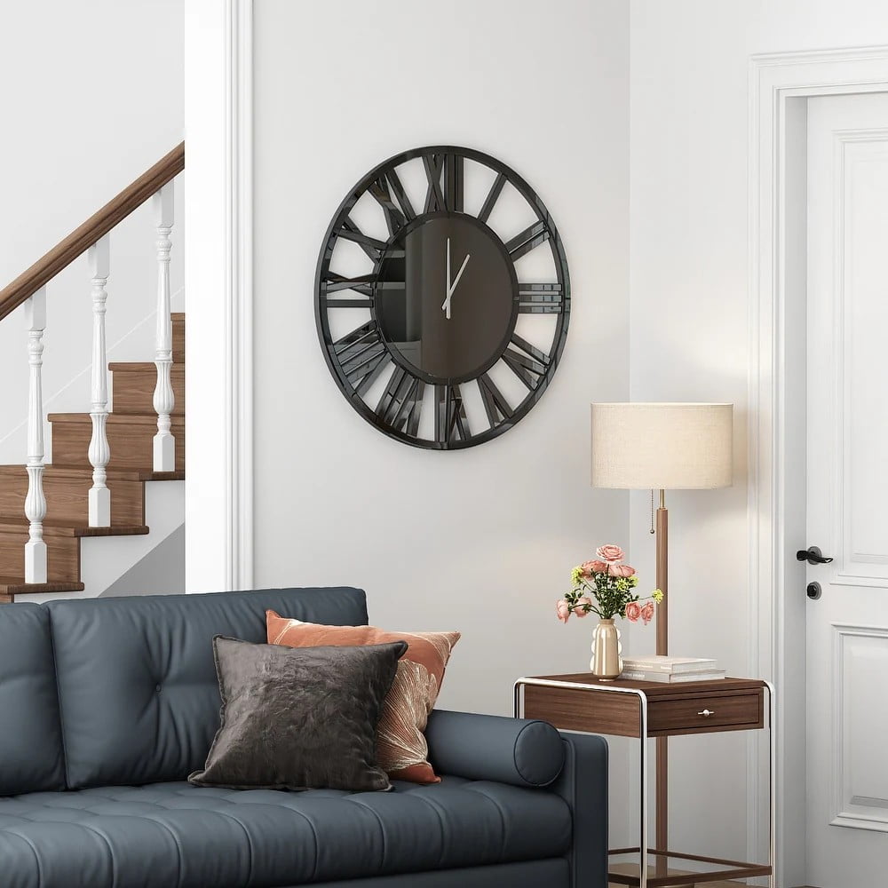 SHYFOY Round Black Glass Wall Clock - 18" Modern Large Clocks Wall ...