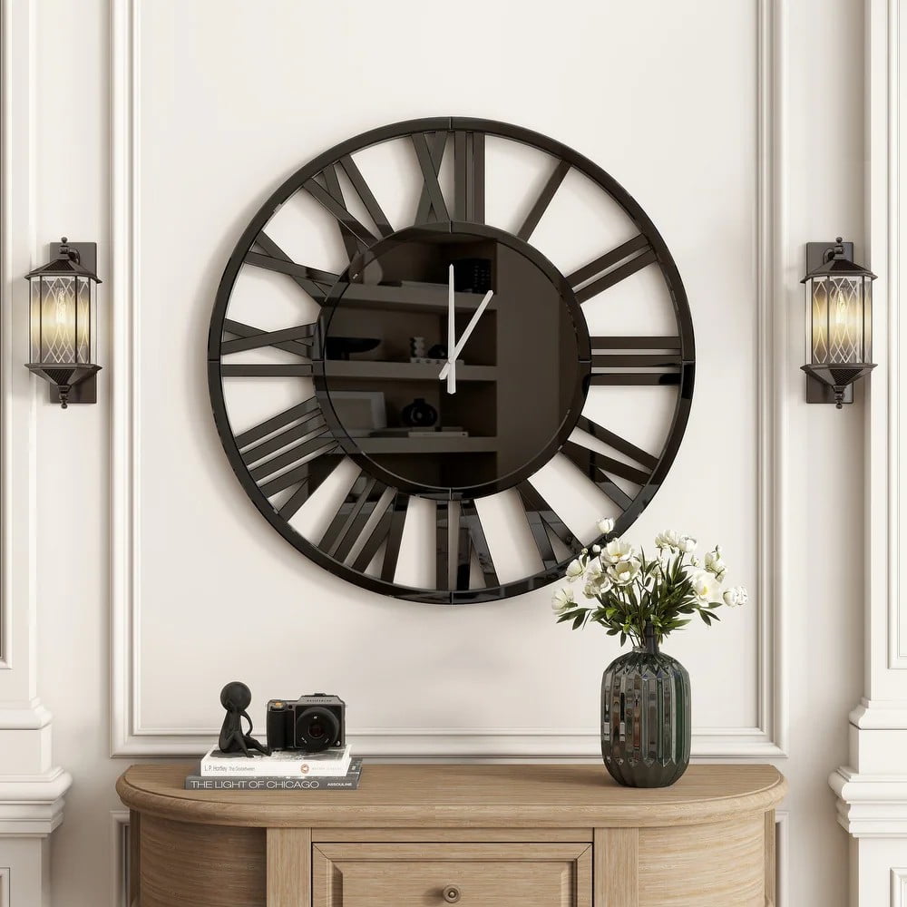 SHYFOY Round Black Glass Wall Clock - 32" Modern Large Clocks Wall ...