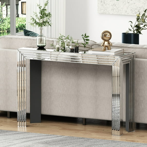 SHYFOY Silver Contemporary Fancy Glass Console Table with Line Design ...