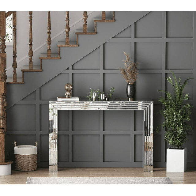 SHYFOY Silver Contemporary Fancy Glass Console Table with Line Design ...