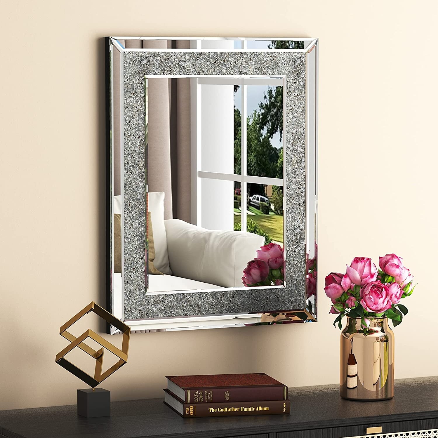 SHYFOY Glam Crystal Accent Wall Mirror Sparkly Silver Mirror 20" x 16 ...