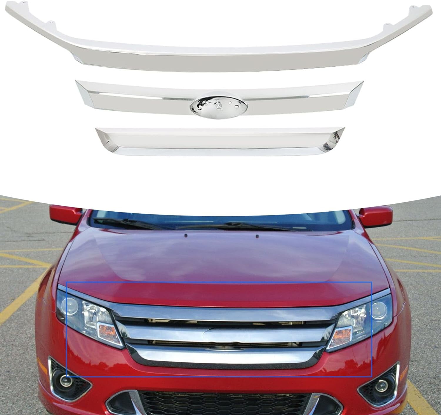 SHZAITOR 3Pcs Front Upper Grille Molding Trims Chrome Kit Replacement ...