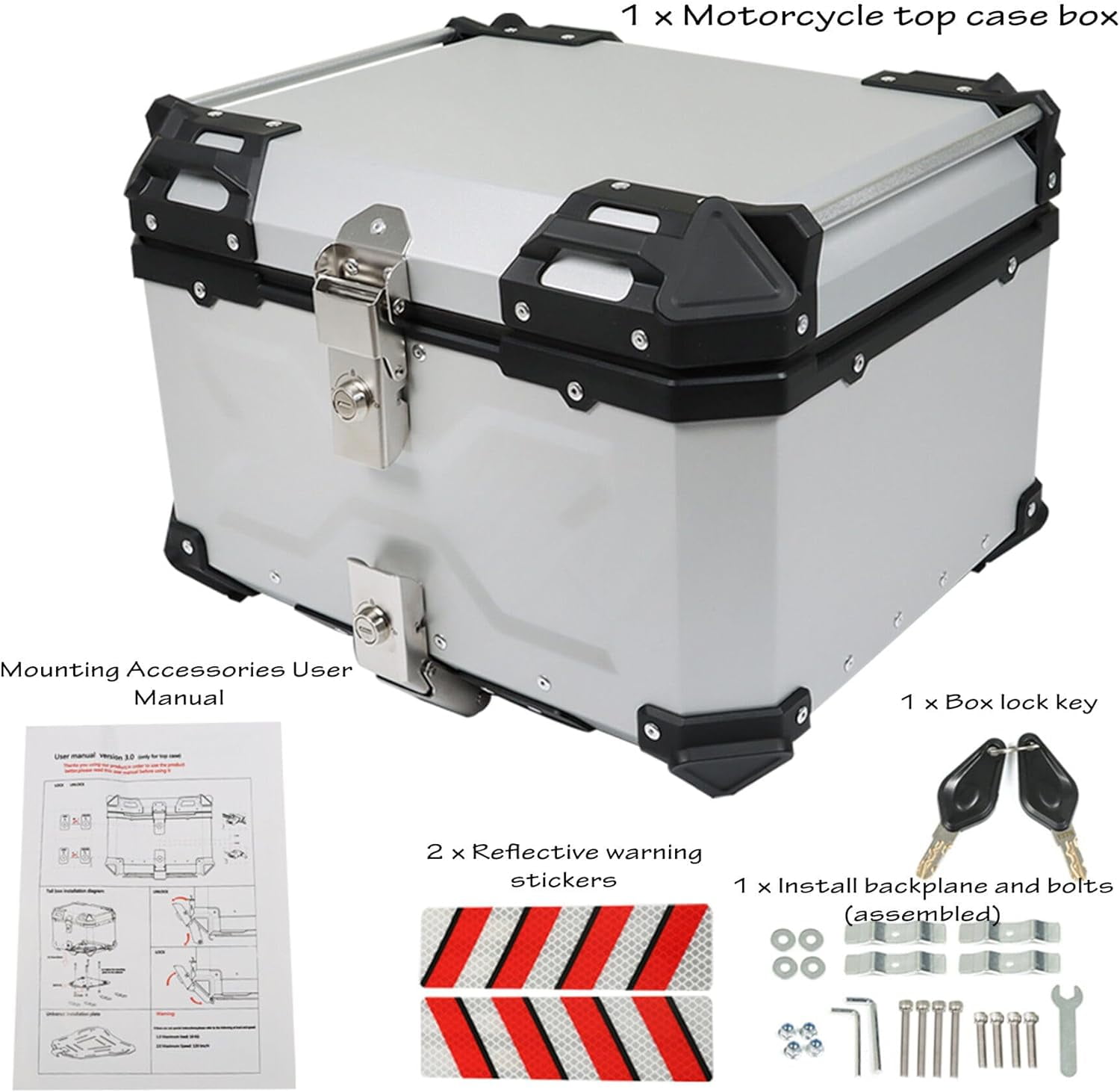 SHZAITOR 65L-X Silver Motorcycle Tail Box Top Case, Aluminum Alloy ...